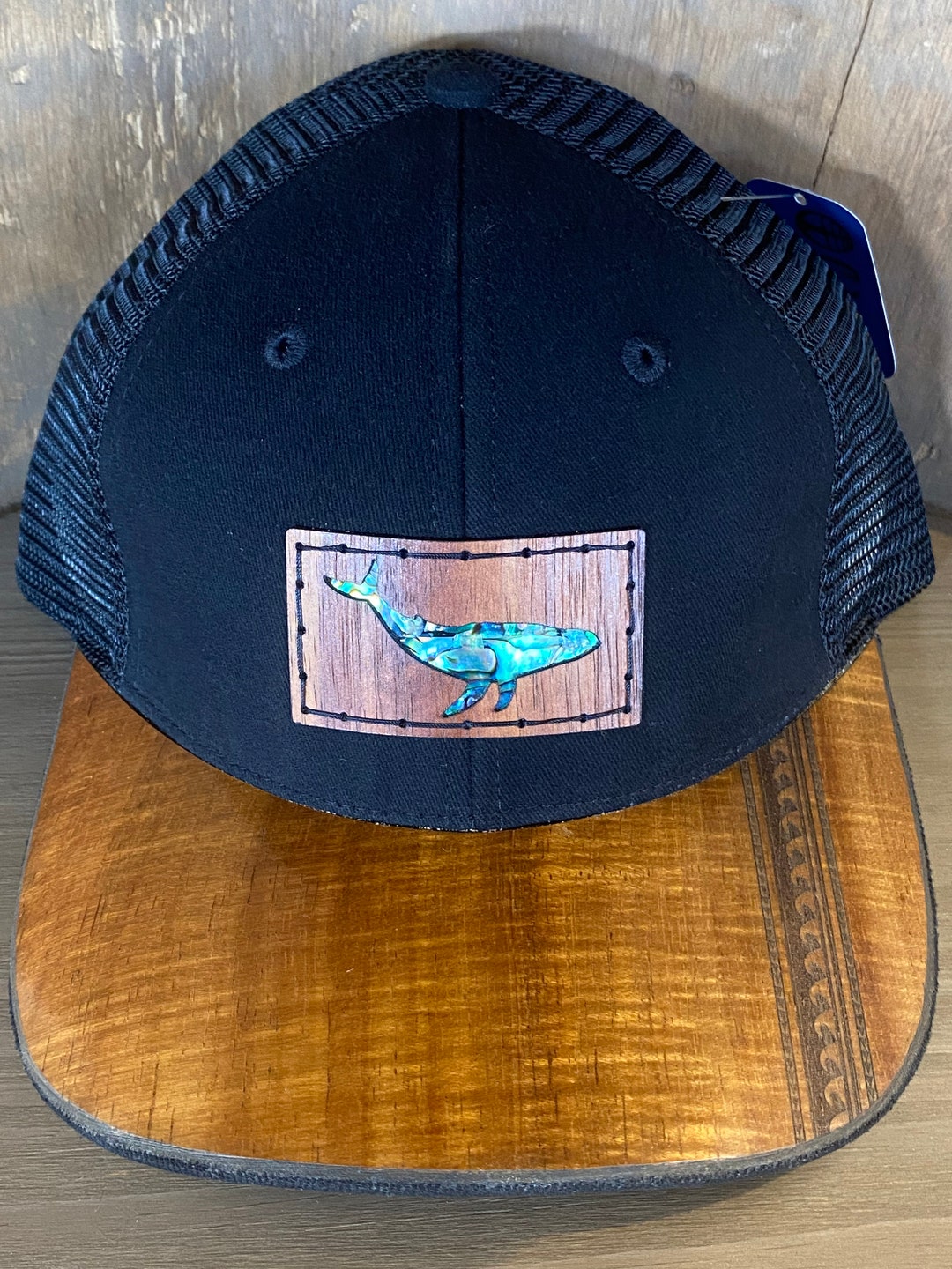 Koa Wood Billed Hat With Abalone and Wood Whale Patch. - Etsy