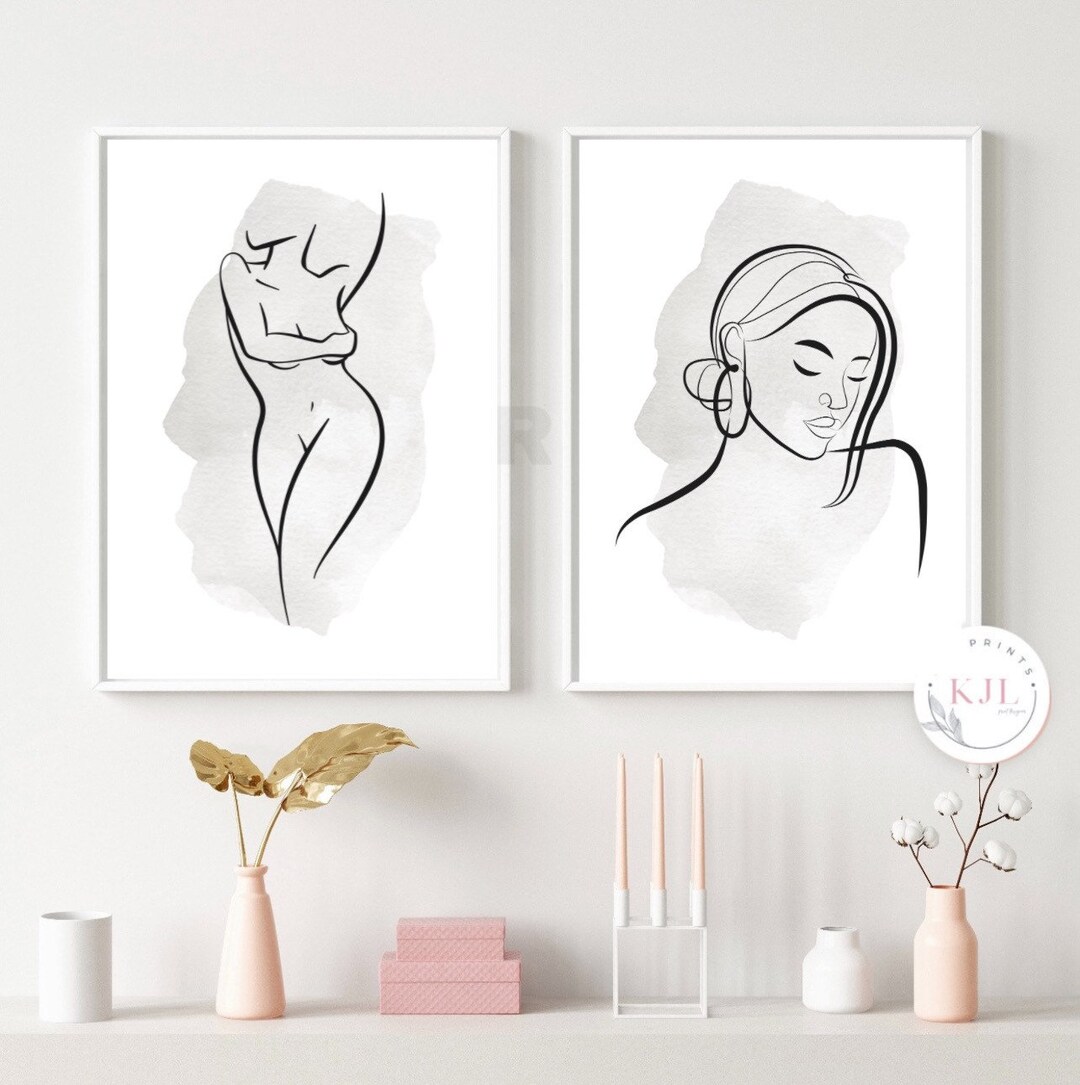 Set of Two Female Line Art Prints , Line Drawing , Grey Prints , Home ...