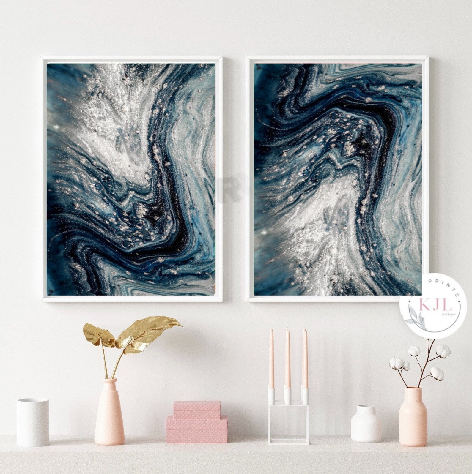 Set of Two Navy Blue and Silver Abstract Wall Prints Wall Decor - Etsy UK