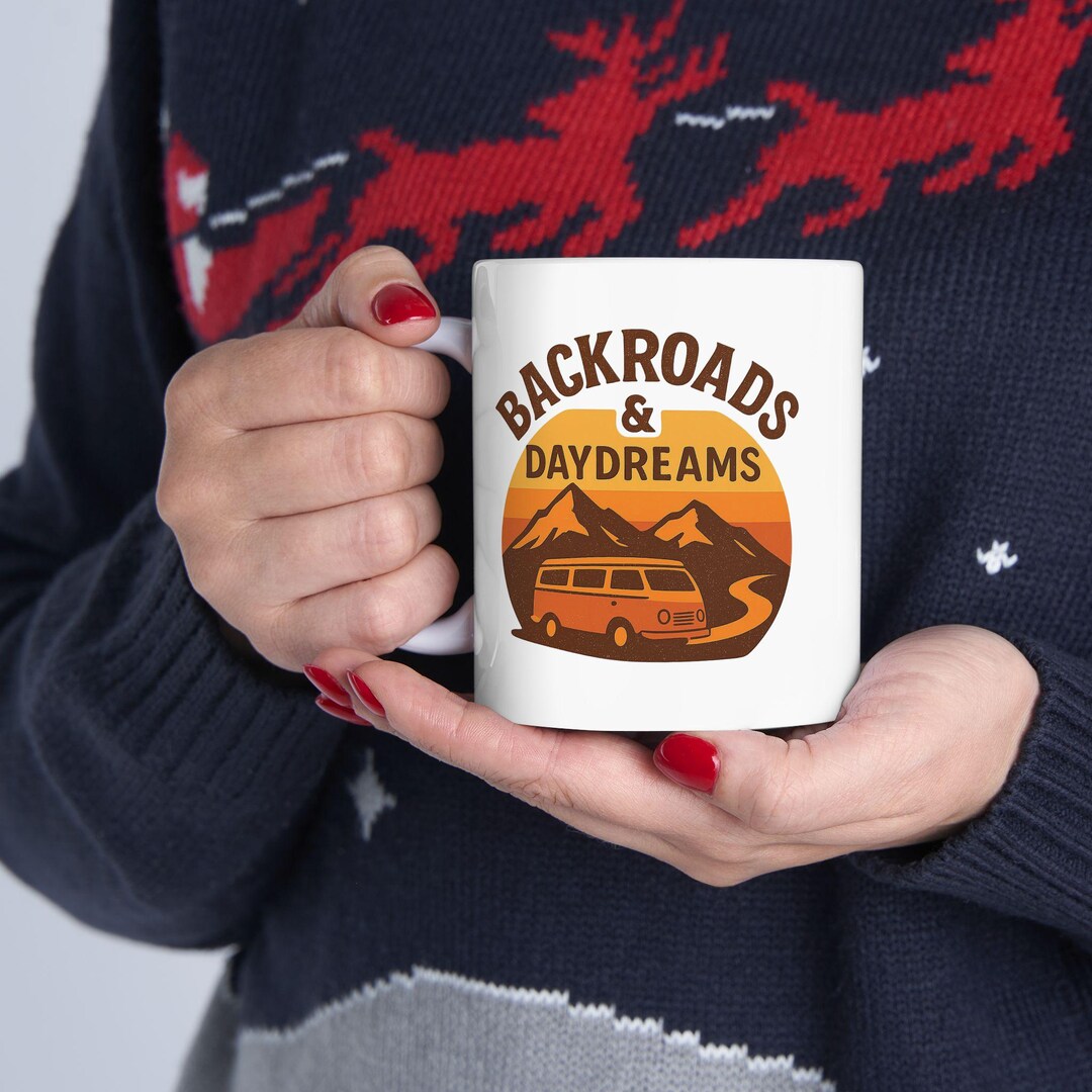 Backroads & Daydreams Ceramic Mug - Mountain Adventure Wanderlust Coffee Cup, Camping Enamel ...