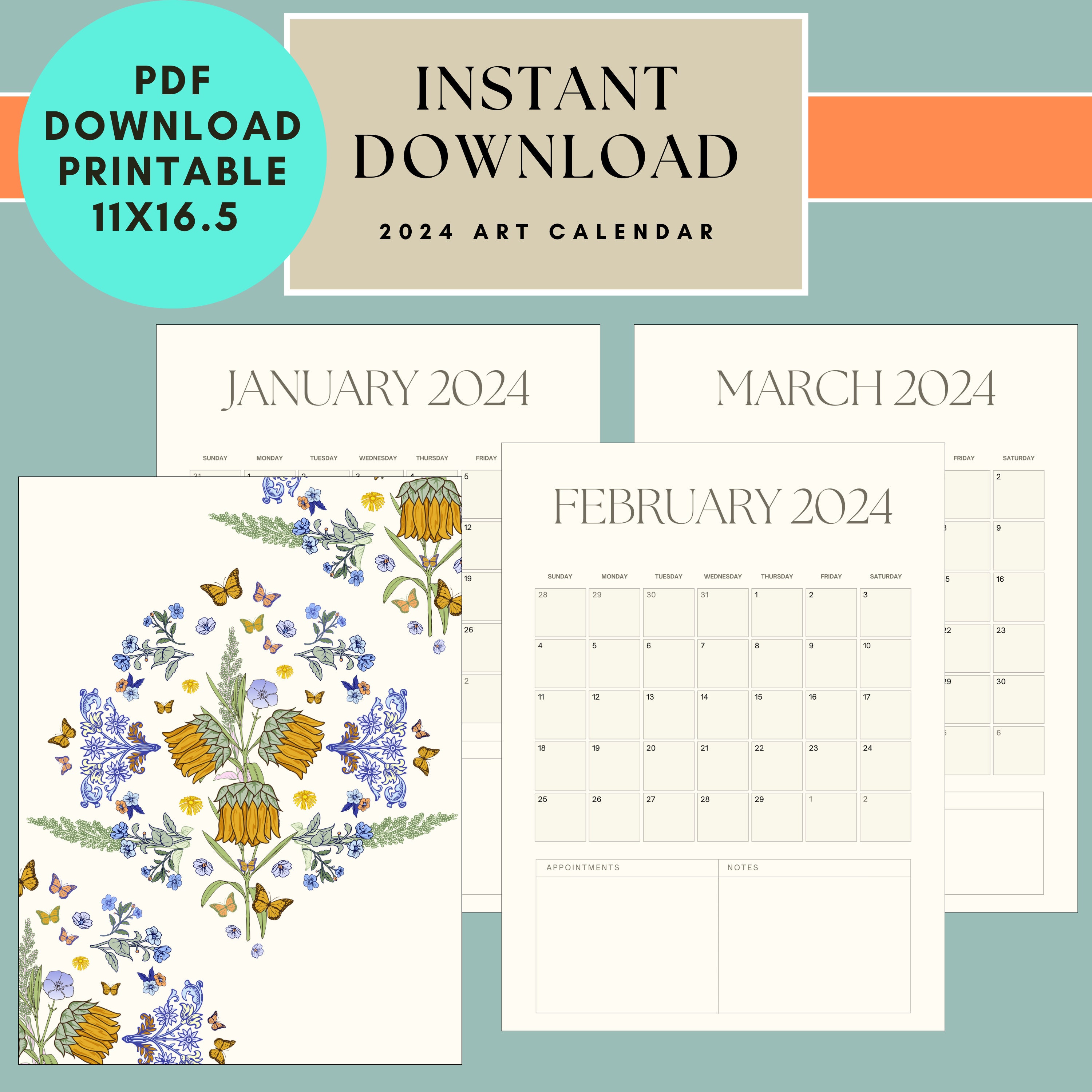 2024 Printable Calendar Instant Download PDF Art Graphic - Etsy