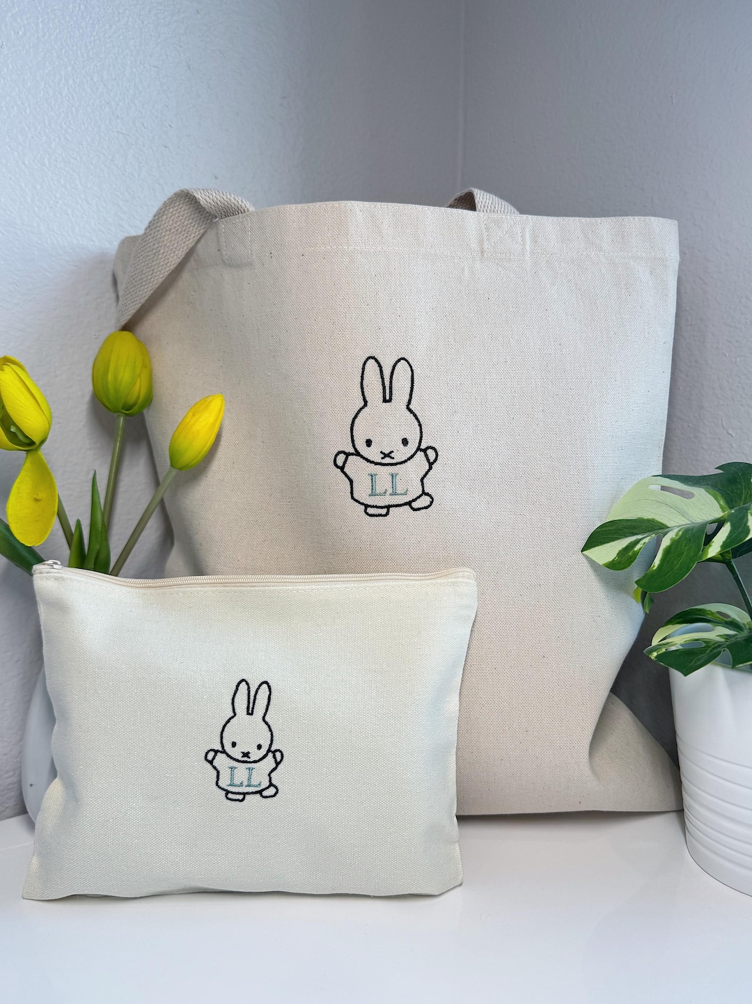 Personalized Initials Custom Miffy Embroidered Tote Bag and Pouch Set ...