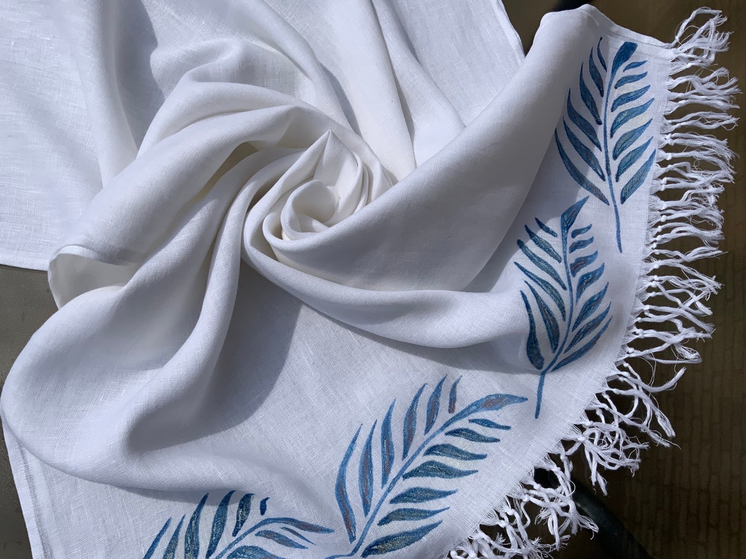 Pure White 100% Linen Scarf With Blue Tropicial Leaf Boarder - Etsy