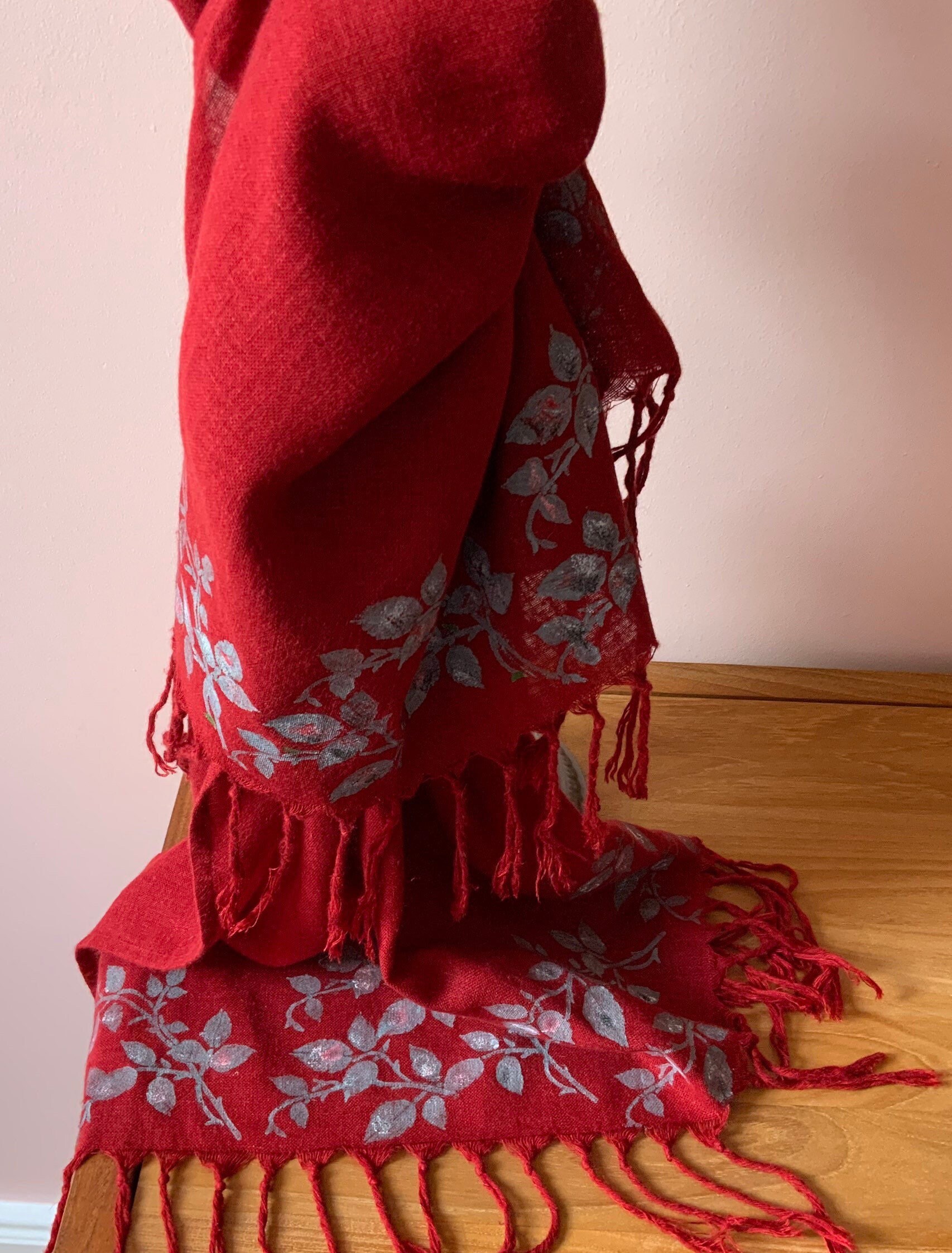 Ruby Red Linen Viscose Floral Scarf - Etsy