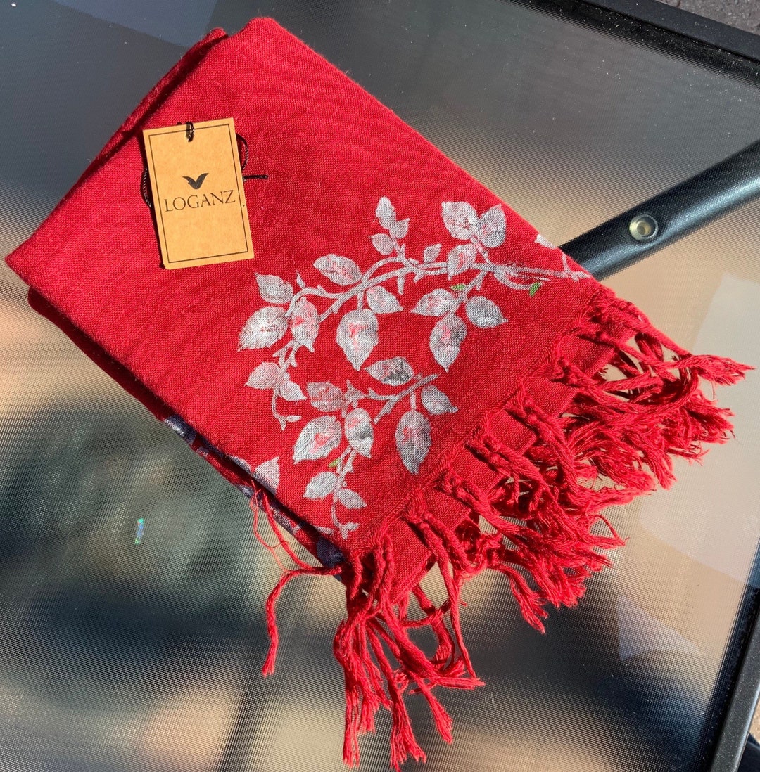 Ruby Red Linen Viscose Floral Scarf - Etsy