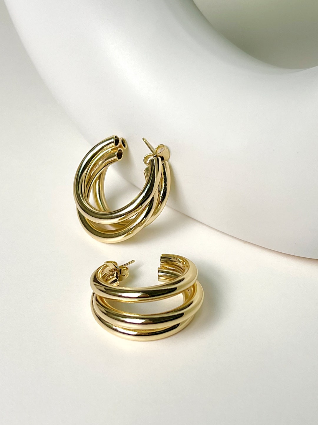 Gold Triple Hoop Earrings, Three Hoop Earrings, Statement Hoops, Chunky ...
