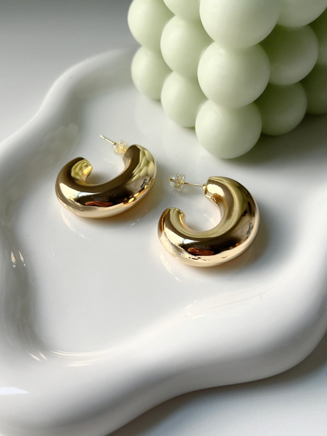 Gold Chunky Hoop Earrings, Thick Hoop Earrings, C Shape Hoop Earrings ...