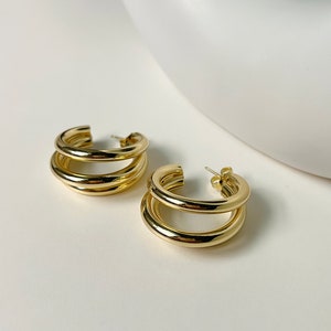 Gold Triple Hoop Earrings, Three Hoop Earrings, Statement Hoops, Chunky ...