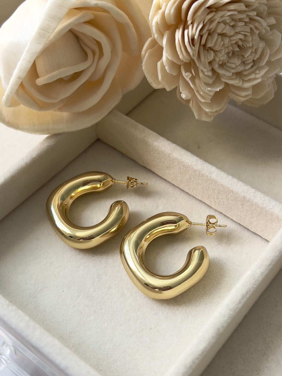 Gold Chunky Hoops, Thick Hoop Earrings, Chubby Hoops, Bold Gold Hoops ...