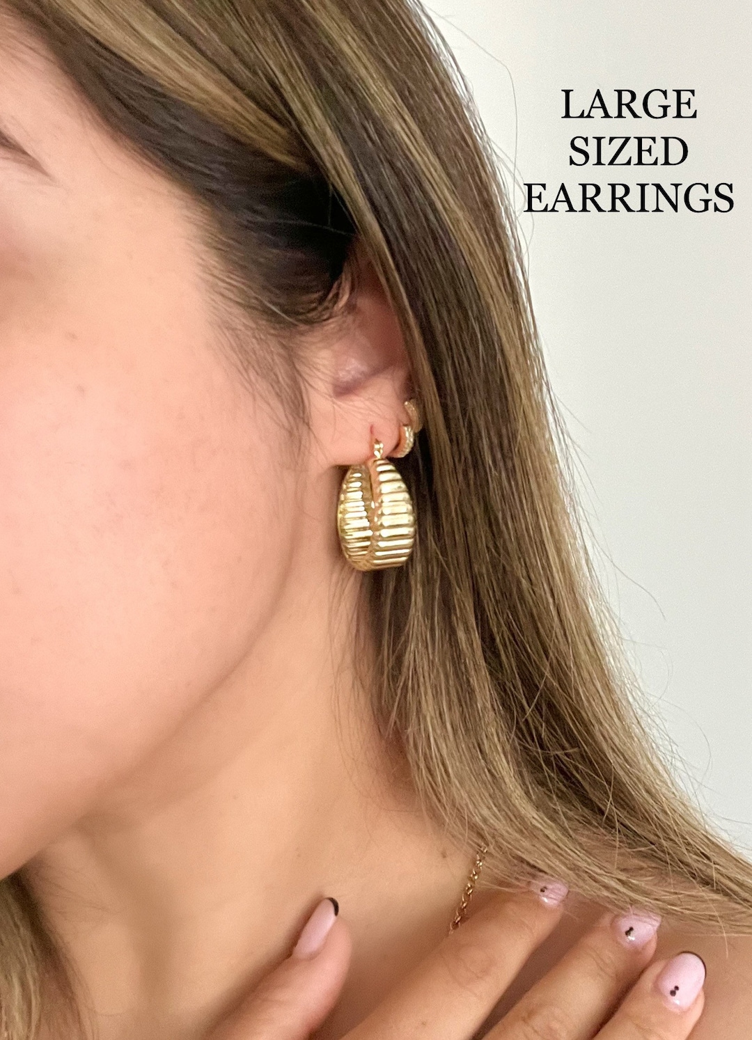 14k Gold Filled Ridged Hoop Earrings, Chunky Textured Earring Women, Gold Oval Chunky Hoop ...