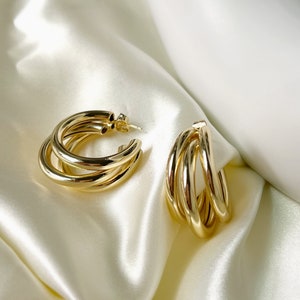 Gold Triple Hoop Earrings, Three Hoop Earrings, Statement Hoops, Chunky ...