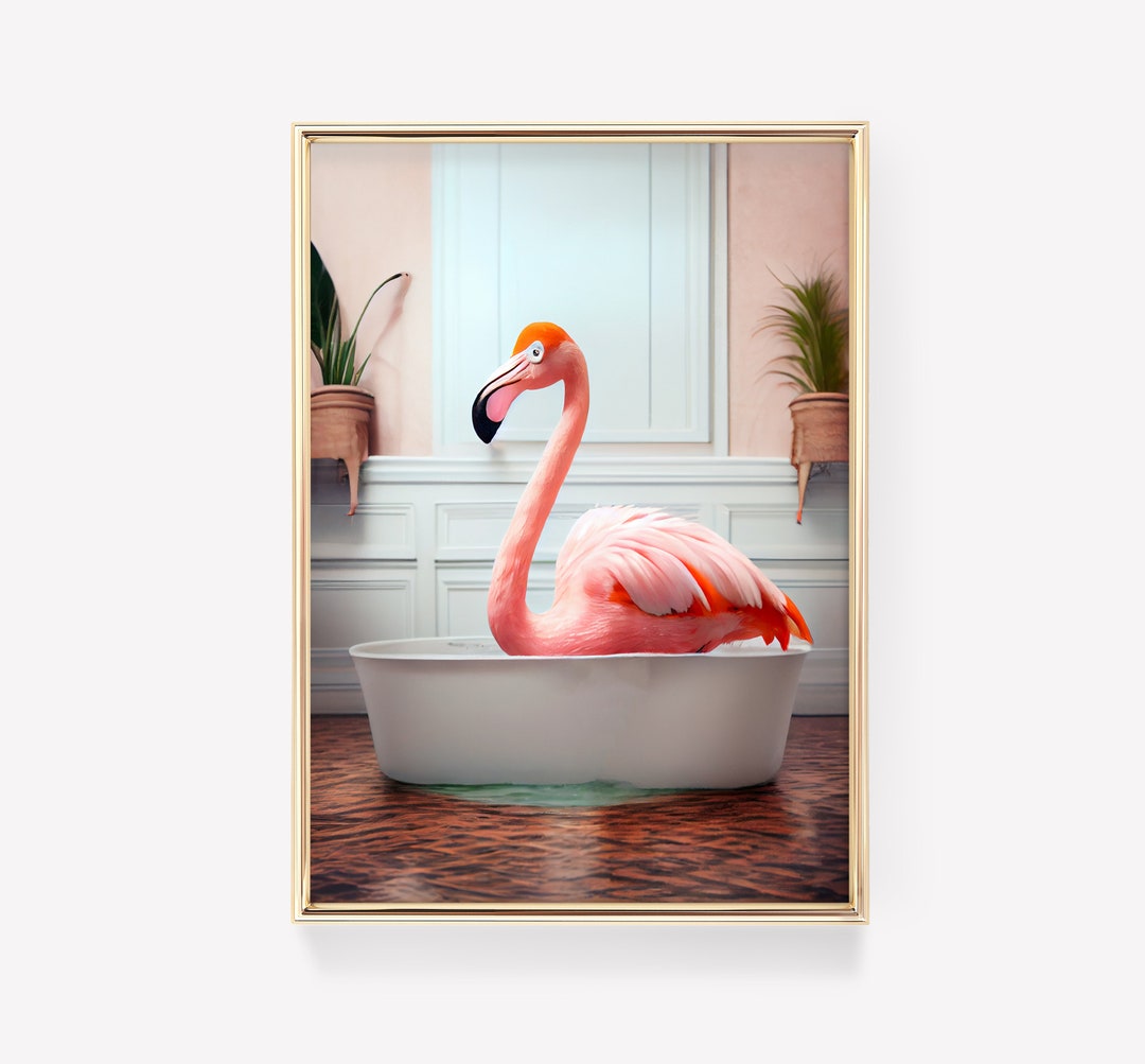 Flamingo in Bathtub | Flamingo Poster | Tropical Bathroom Print ...
