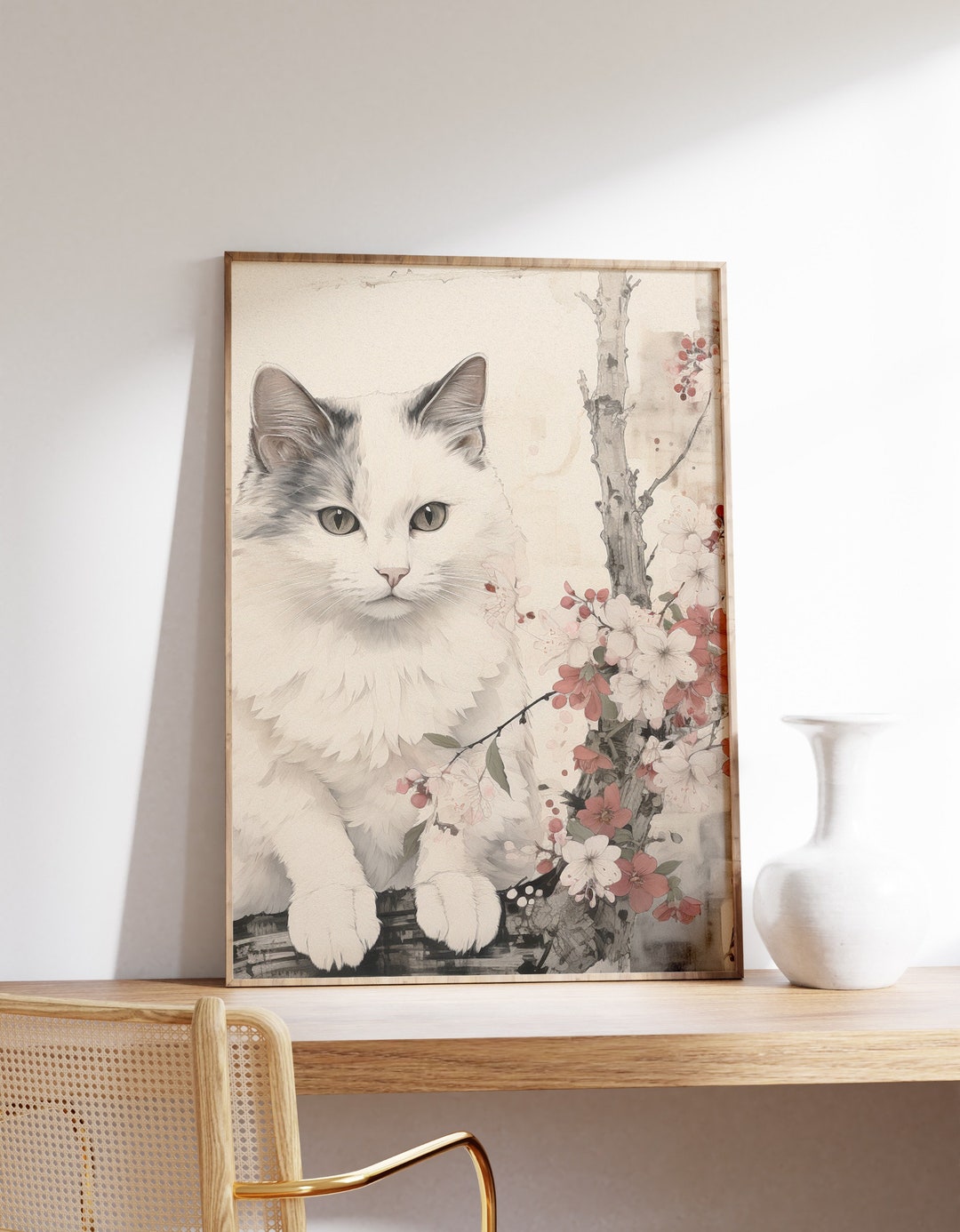 Japanese White Cat Poster | Animal Poster | White Cat Art Print ...