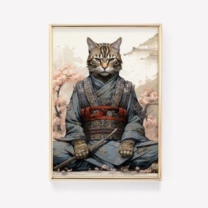Japanese Samurai Cat Poster Animal Poster Samurai Cat Art Print Animal ...