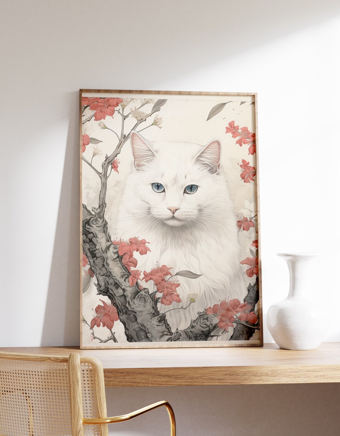 Japanese White Cat Poster | Animal Poster | White Cat Art Print ...