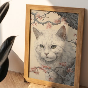 Japanese White Cat Poster | Animal Poster | White Cat Art Print ...