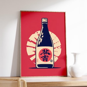 Japanese Sake Bottle Poster, Rising Sun Art, Traditional Sake Print ...