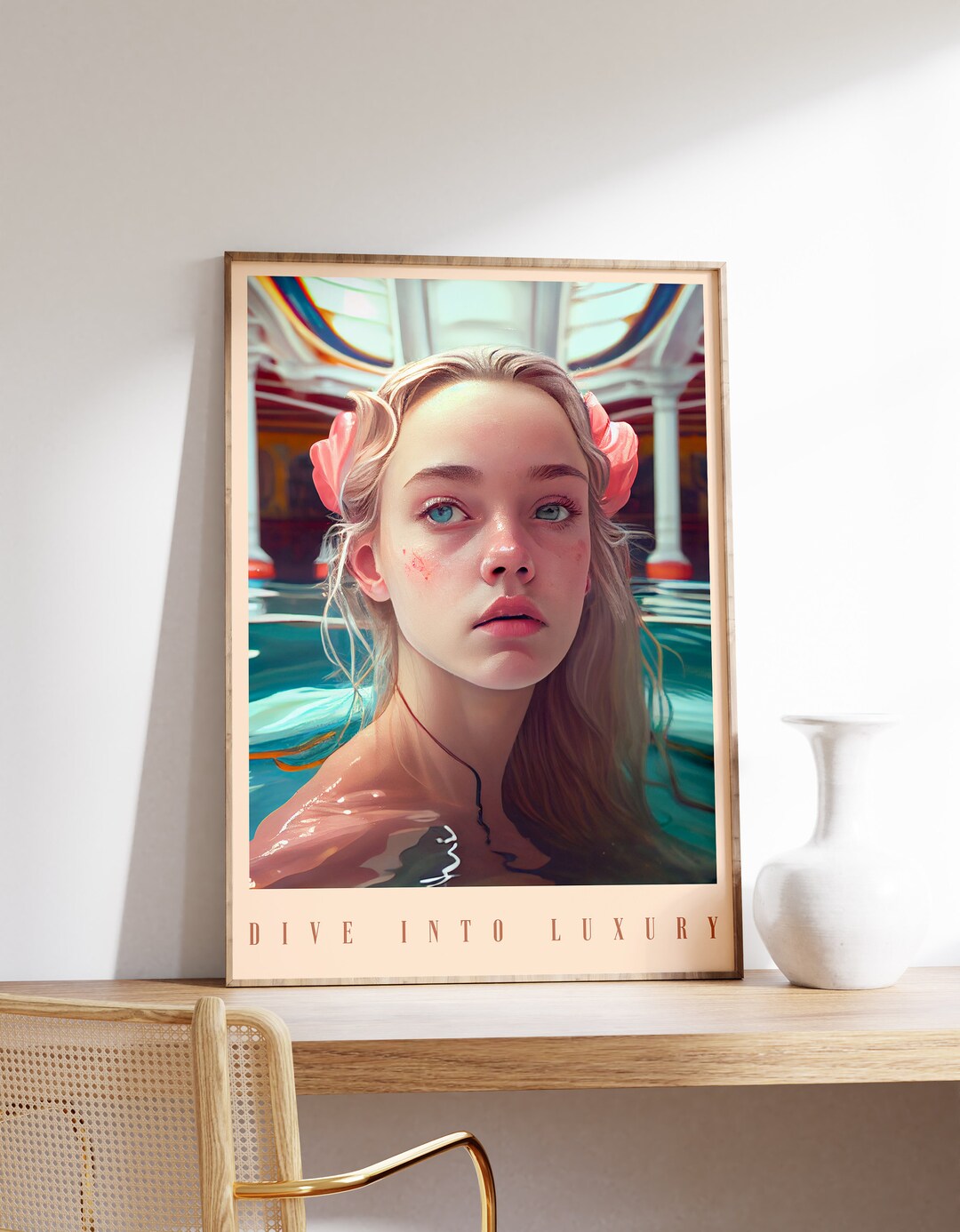 Swimming Pool Print Girl Floating in Water Vintage Summer Print ...
