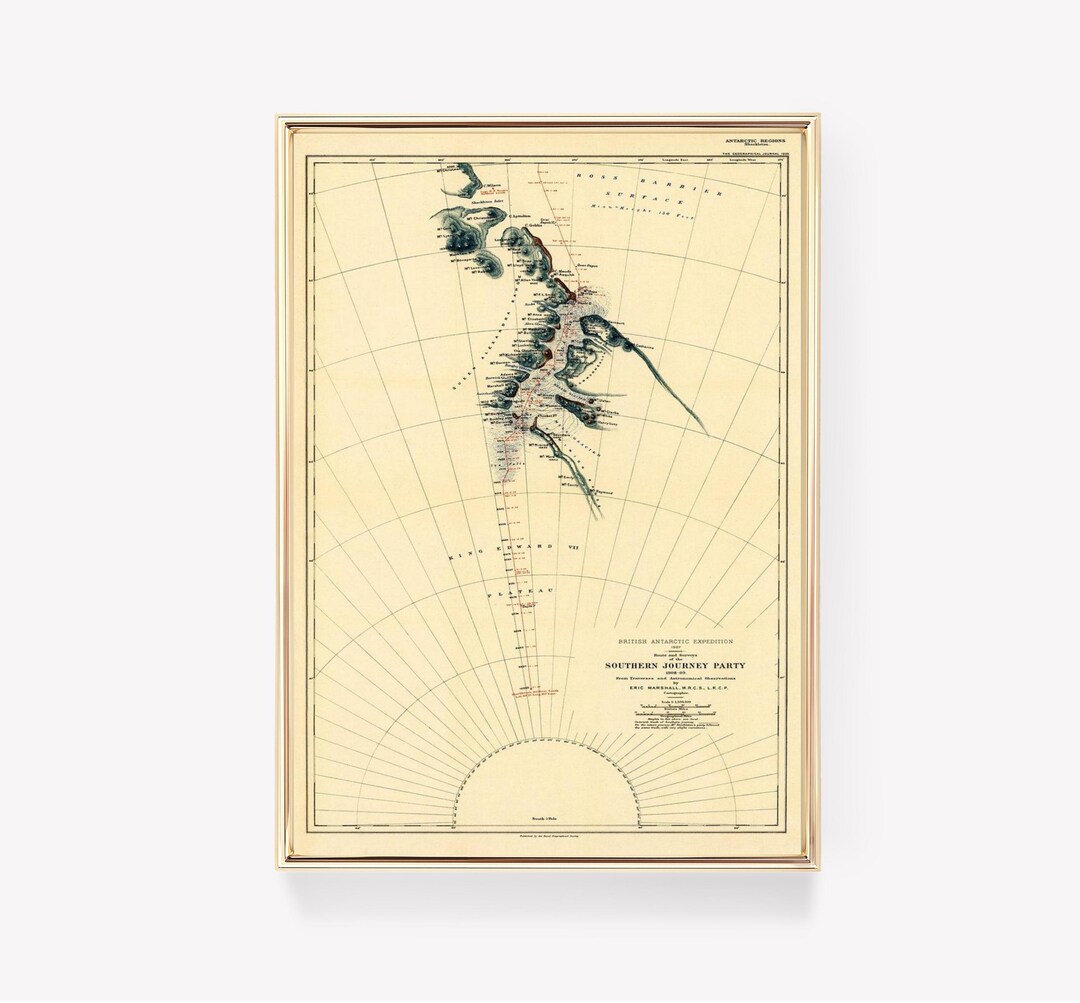 Antarctic Map Print | Eric Marshall Map | Vintage Painting | Polar ...