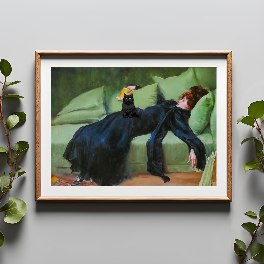 Black Cat Art Poster Decadent Young Woman Cat Poster After the Dance ...