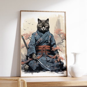 Japanese Samurai Cat Poster | Animal Poster | Samurai Cat Art Print ...