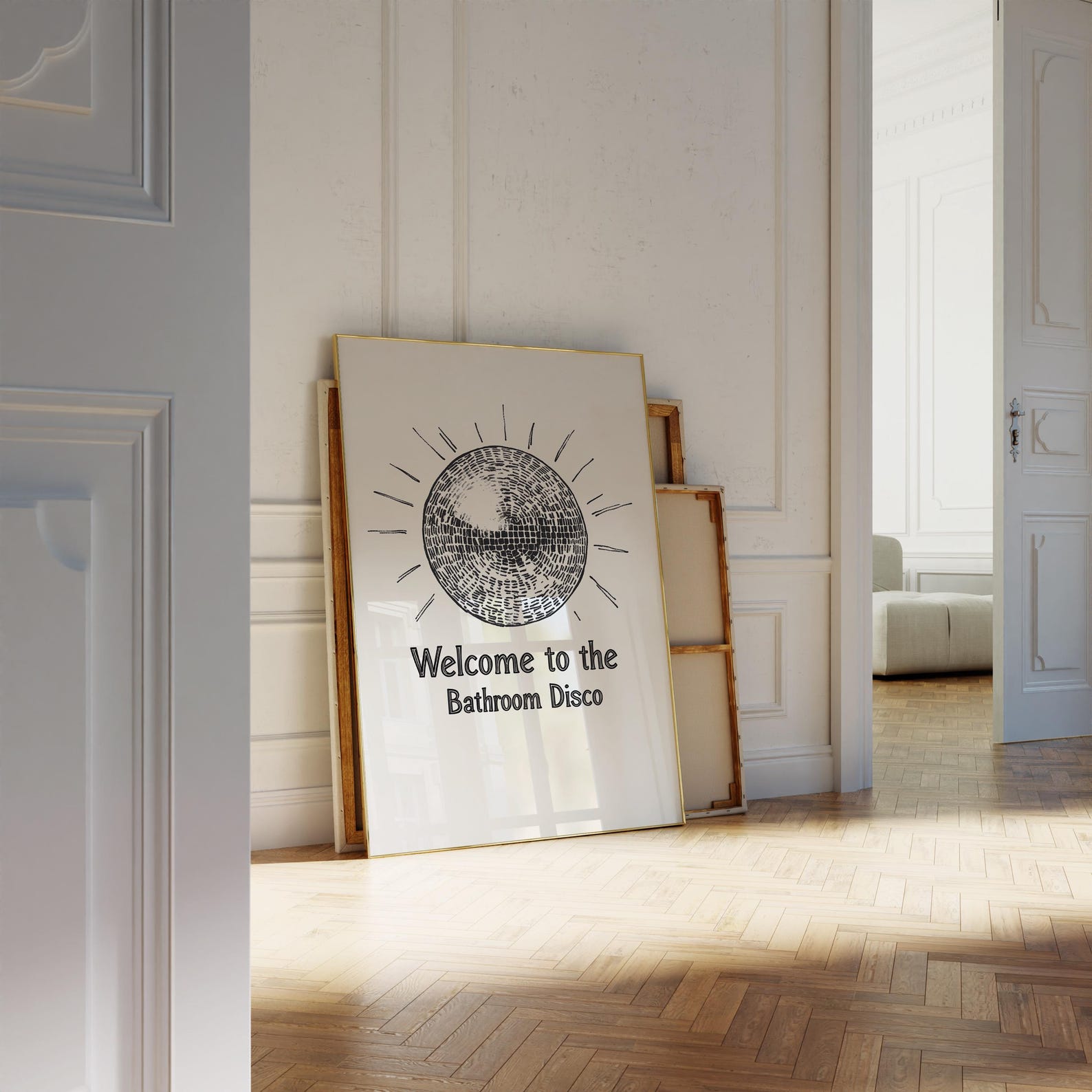 Welcome to the Bathroom Disco Poster | Fun Disco Ball Art | Minimal ...