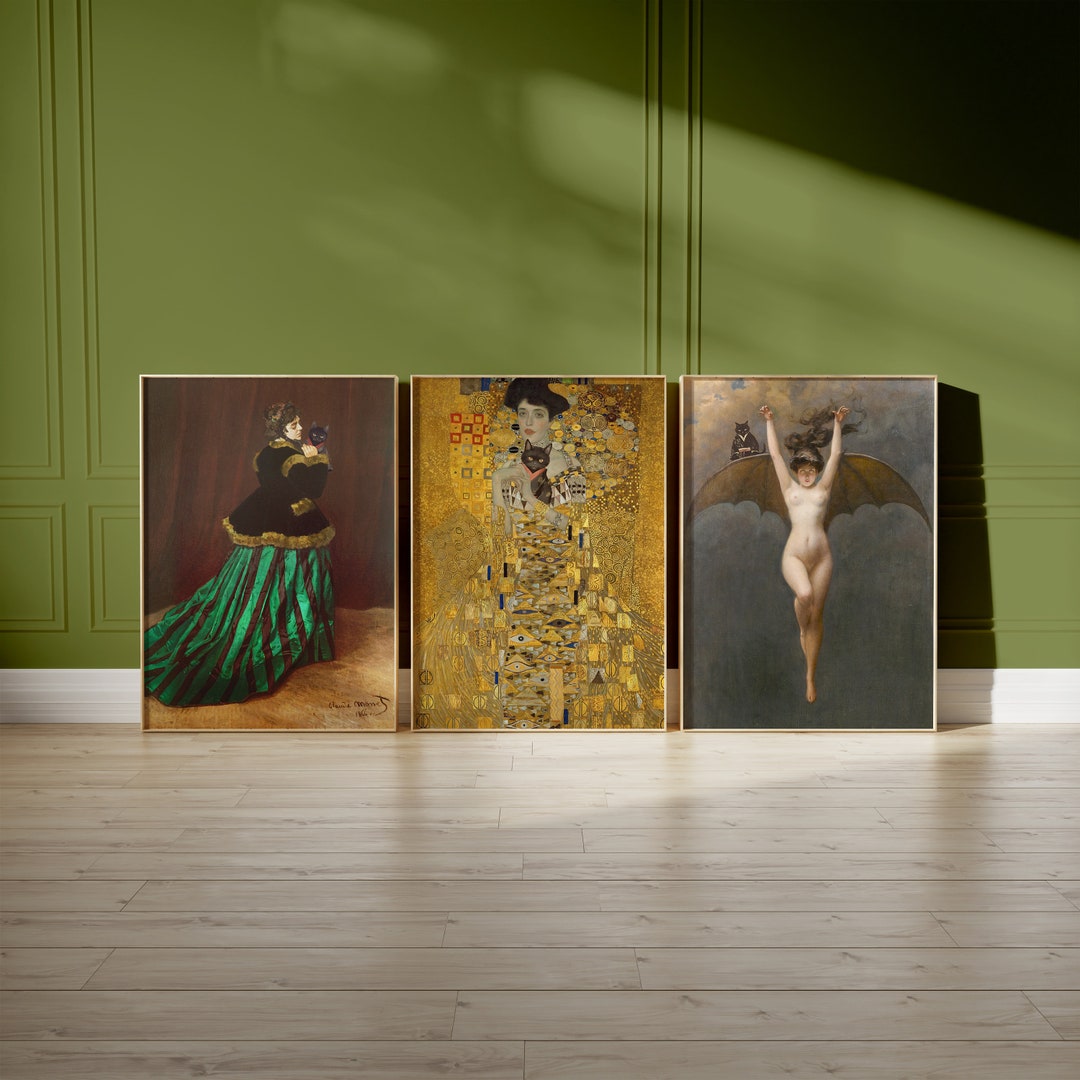 Black Cat Prints Set of 3 Cute Black Cat Print Gustav Klimt the Bat-woman Claude Monet Funny Cat ...