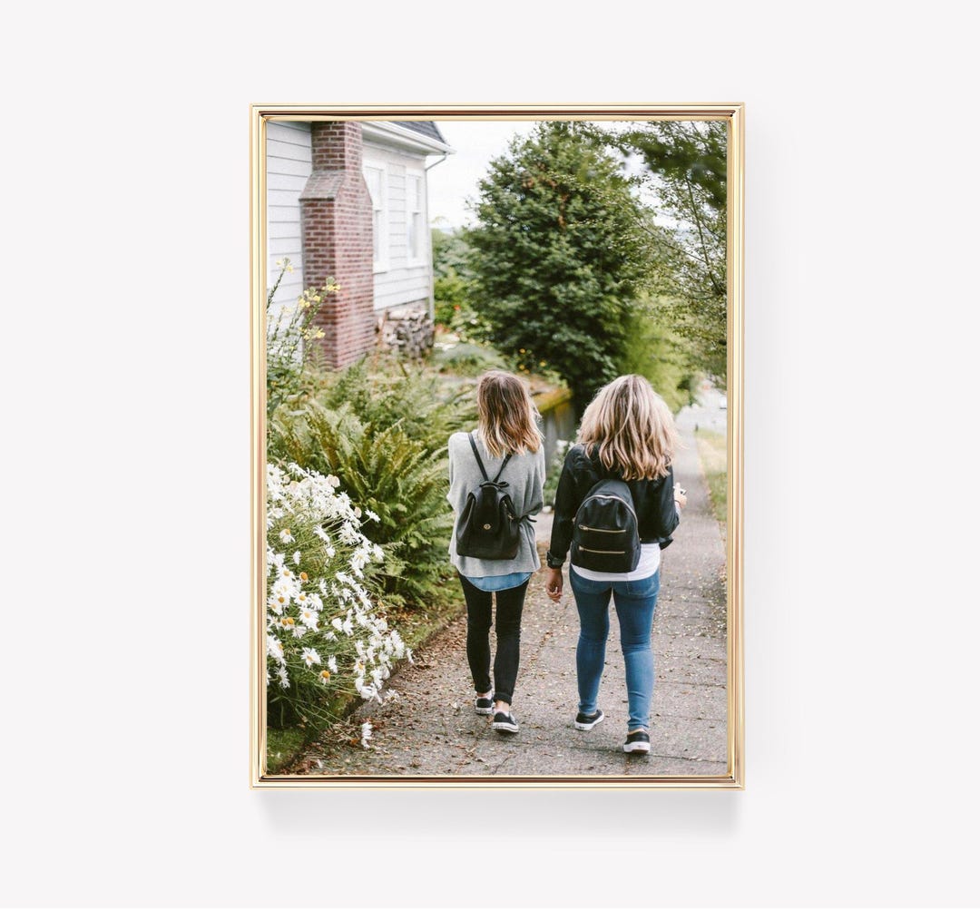 Two People Walking | Sidewalk Scene | Backpack Travel Art | Urban ...