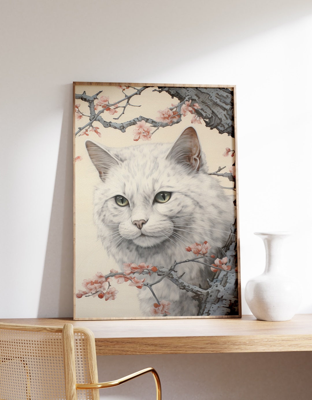 Japanese White Cat Poster | Animal Poster | White Cat Art Print ...