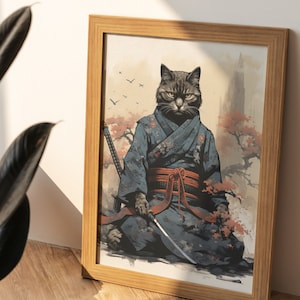 Japanese Samurai Cat Poster | Animal Poster | Samurai Cat Art Print ...