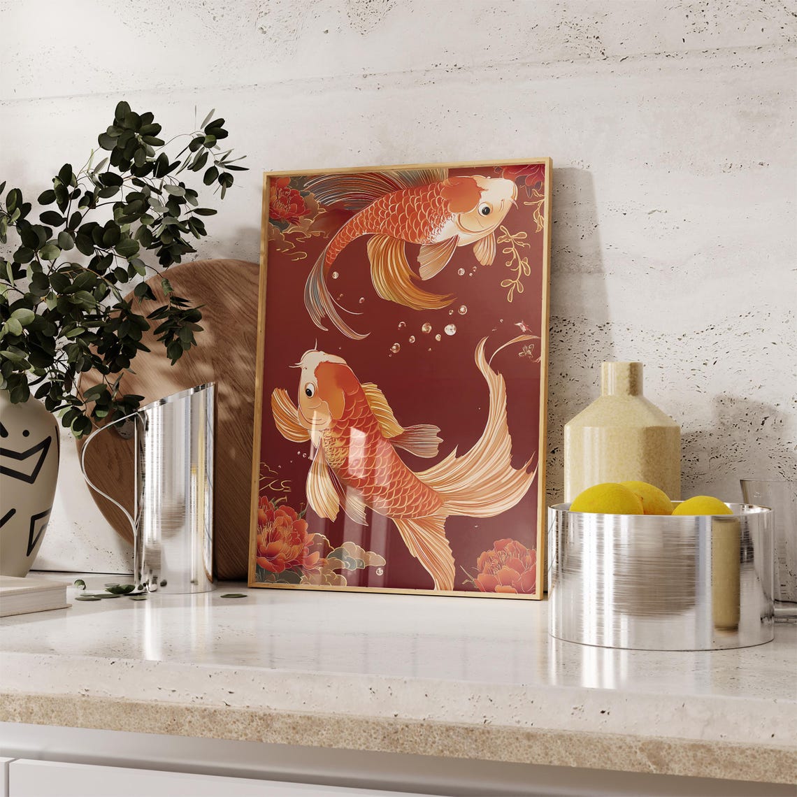 Japanese Koi Fish | Zen Art | Japanese Vintage Painting | Red | Gold ...
