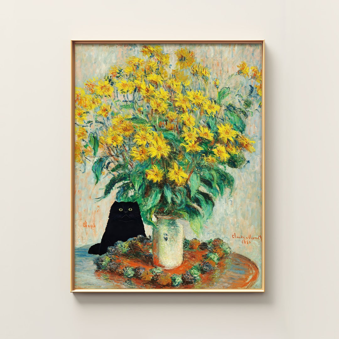 Claude Monet Sunflowers Cat Print | Monet Cat Art Poster | Black Cat ...