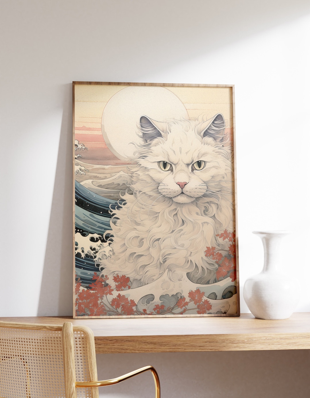 Japanese White Cat Poster | Animal Poster | White Cat Art Print ...