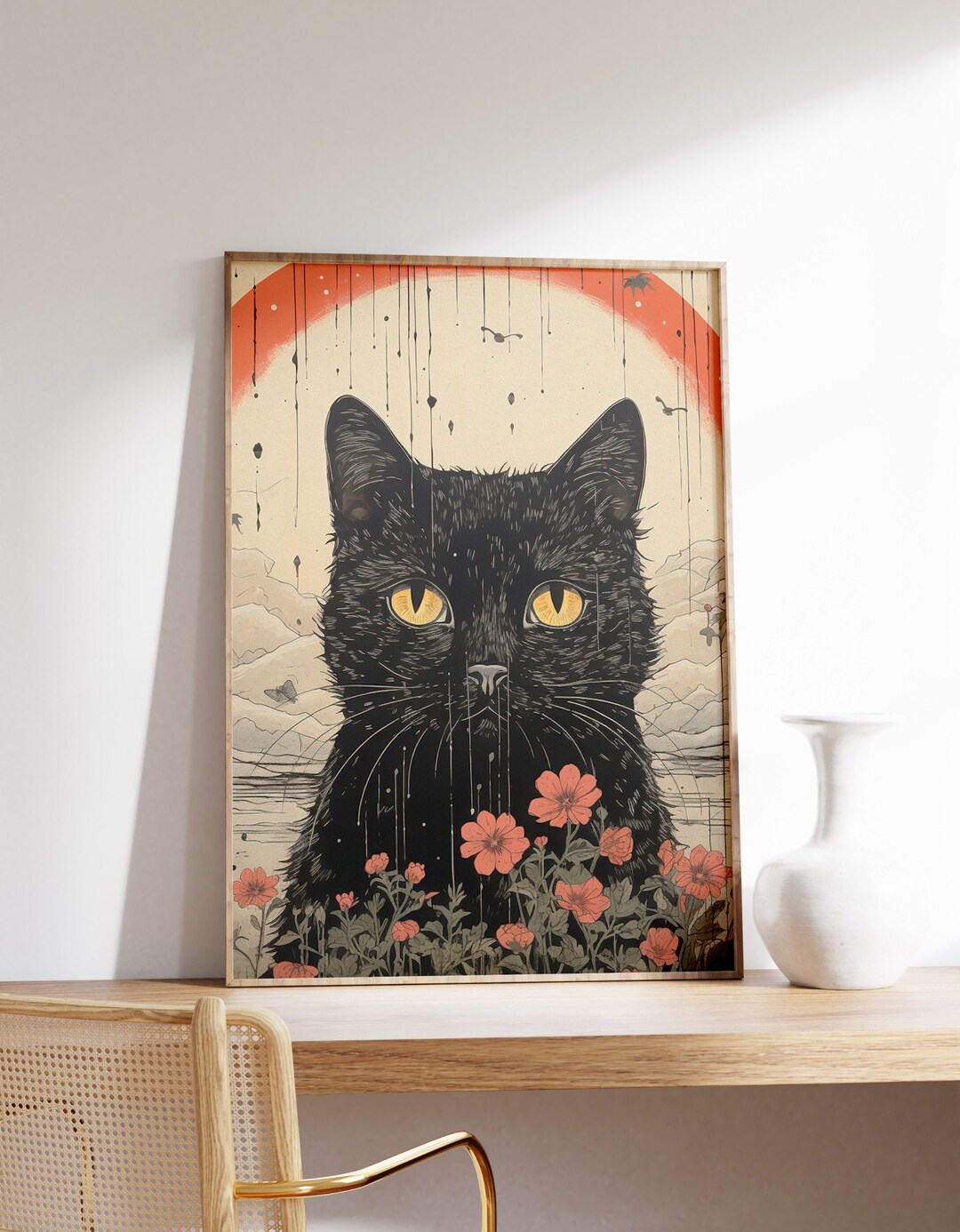 Japanese Sad Cat Poster | Animal Poster | Sad Cat Art Print | Animal ...