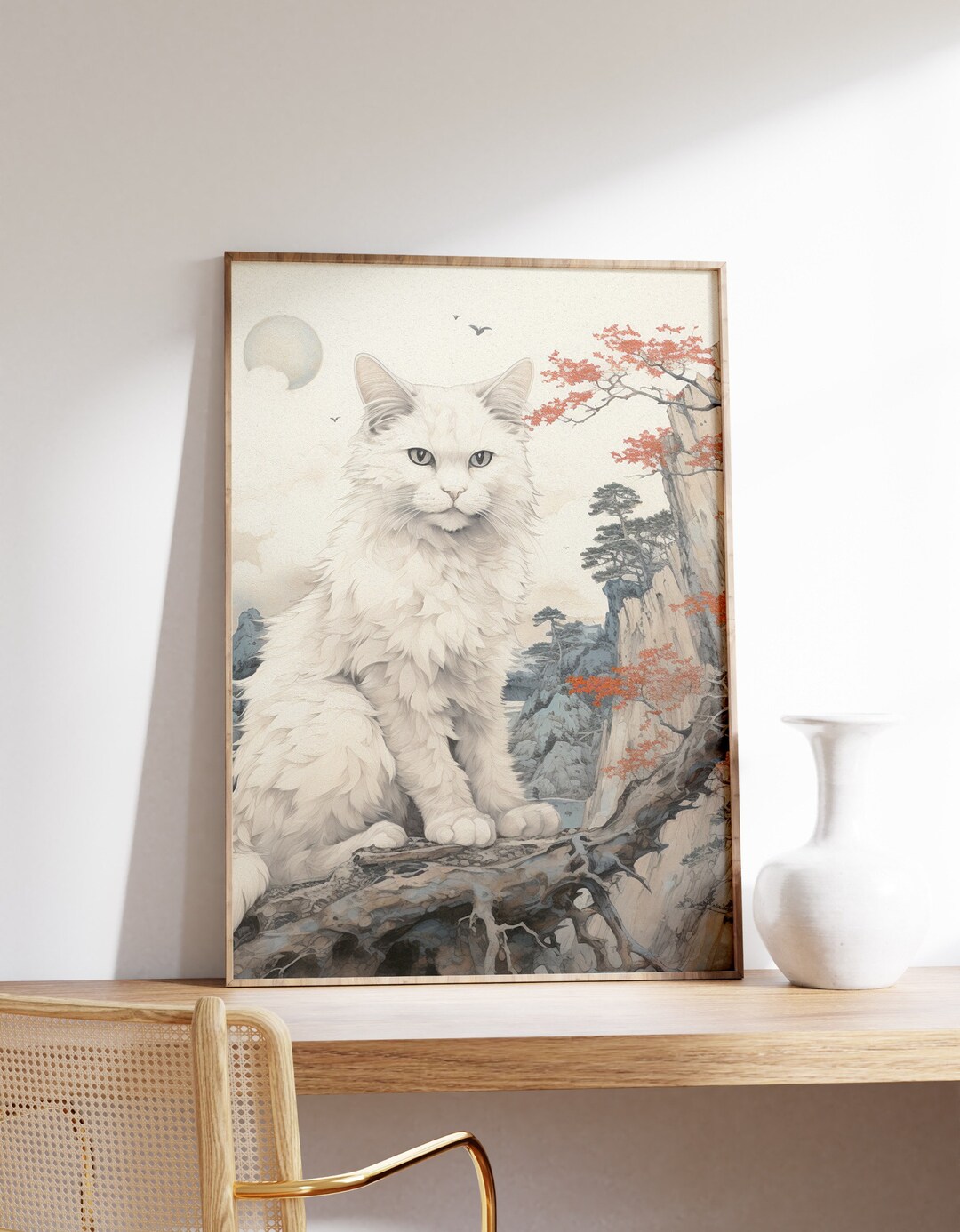 Japanese White Cat Poster | Animal Poster | White Cat Art Print ...