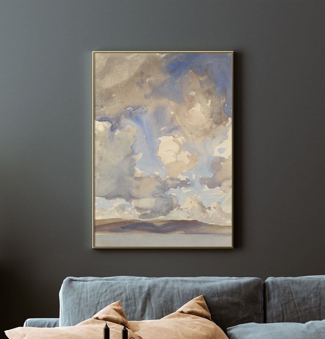 Vintage Cloudy Art | Landscape Wall Art | Cloudy Sky Watercolor ...