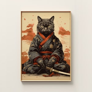 Japanese Samurai Cat Poster Animal Poster Samurai Cat Art Print Animal ...