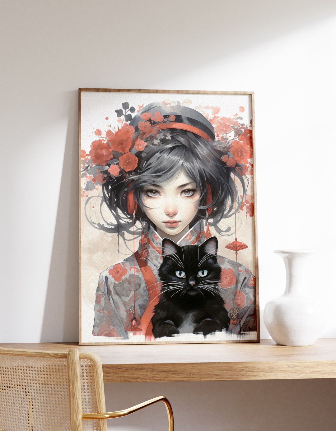 Japanese Geisha Cat Poster | Animal Poster | Geisha Cat Art Print ...
