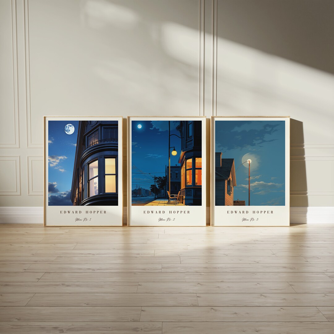 Moon Set of 3 Art Prints | Edward Hopper Exhibition Print | Moon Print ...