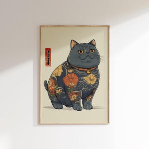 Japanese Fat Cat Print, Tattoo Cat Art Print, Japanese Poster, Floral ...