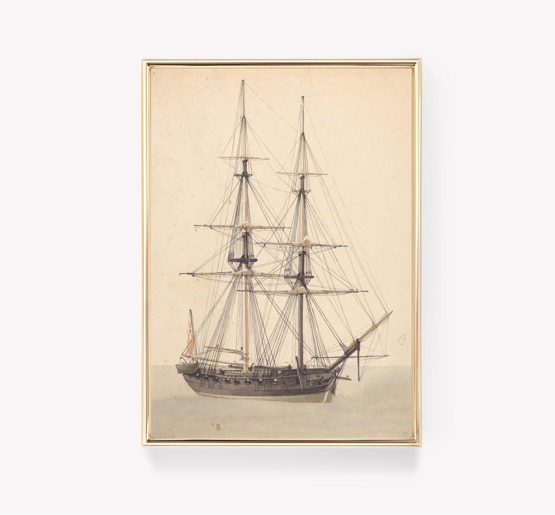 Vintage Ship Painting | Two-masted Ship Print | Antique Nautical Art ...