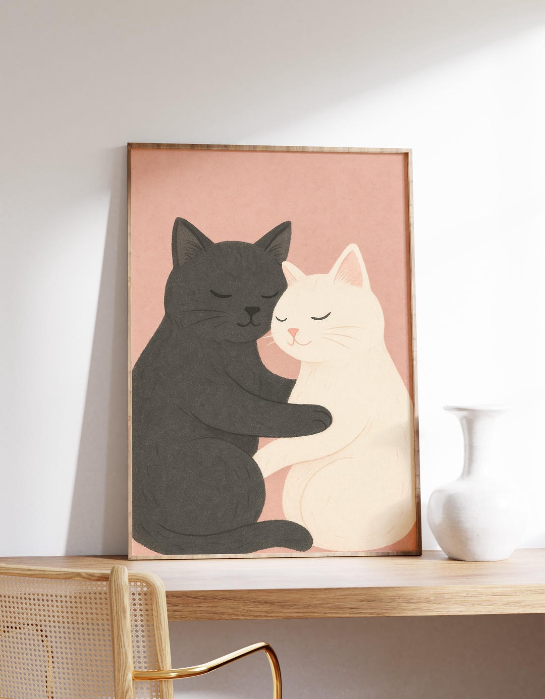 Cute Hugging Cats Poster – Minimalist Black and White Cat Illustration ...