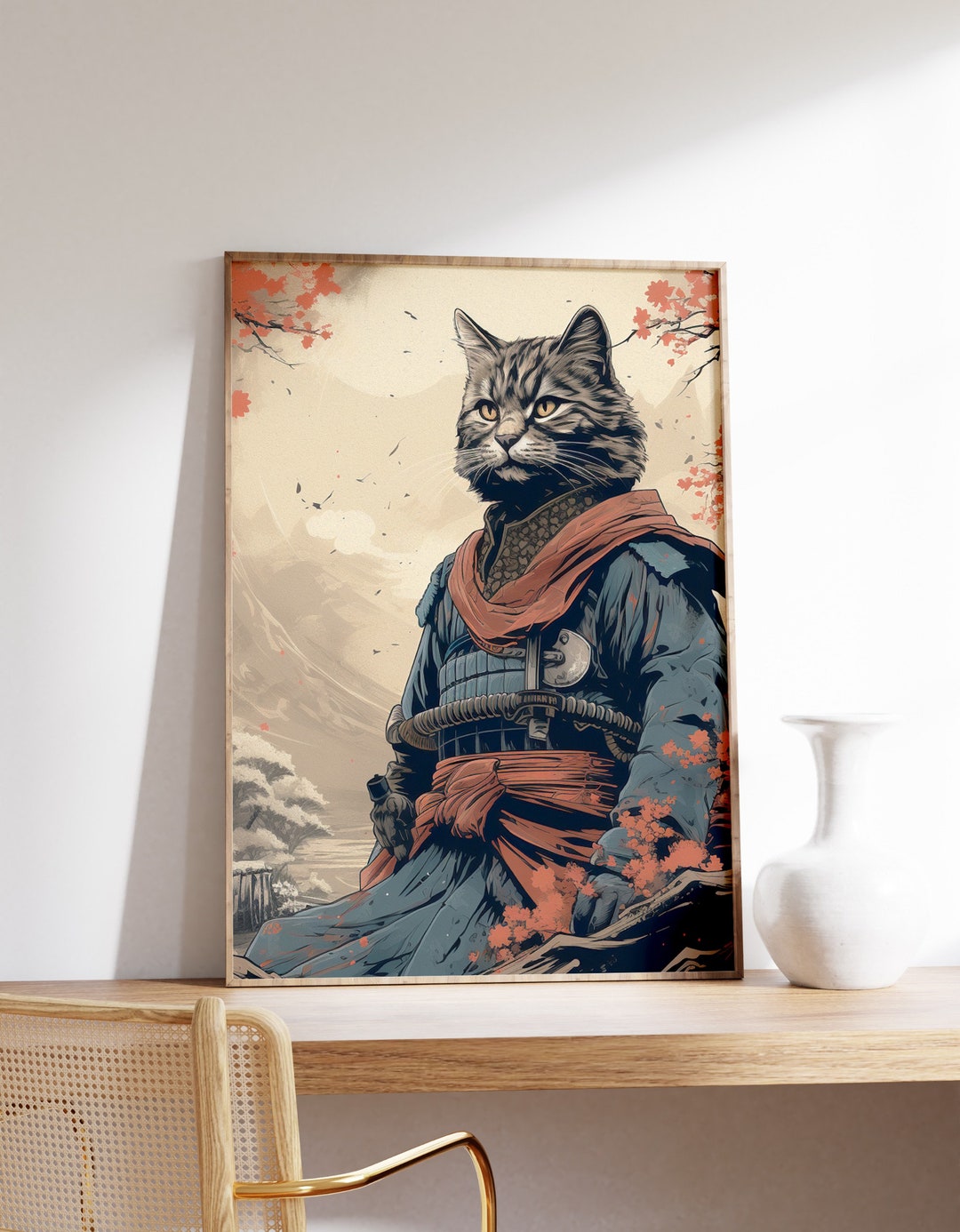 Japanese Samurai Cat Poster Animal Poster Samurai Cat Art Print Animal ...