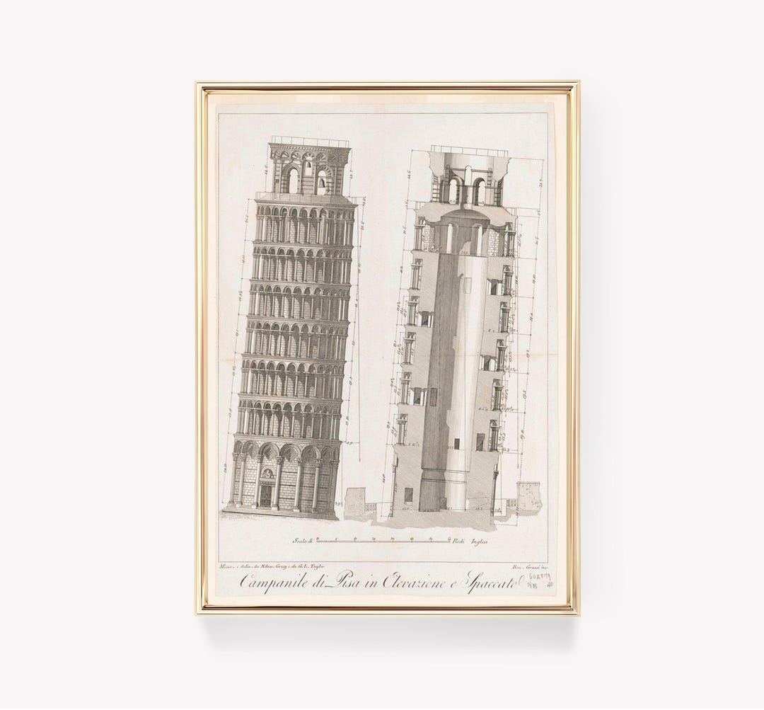 Pisa Tower Print | Architectural Drawing | Leaning Tower Art | Vintage ...