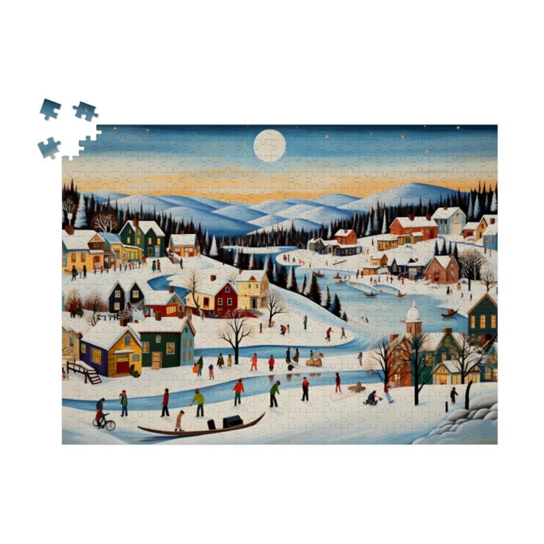 Snowy Riverfront Village Jigsaw Puzzle: 500 or 1000 Wooden Pieces ...
