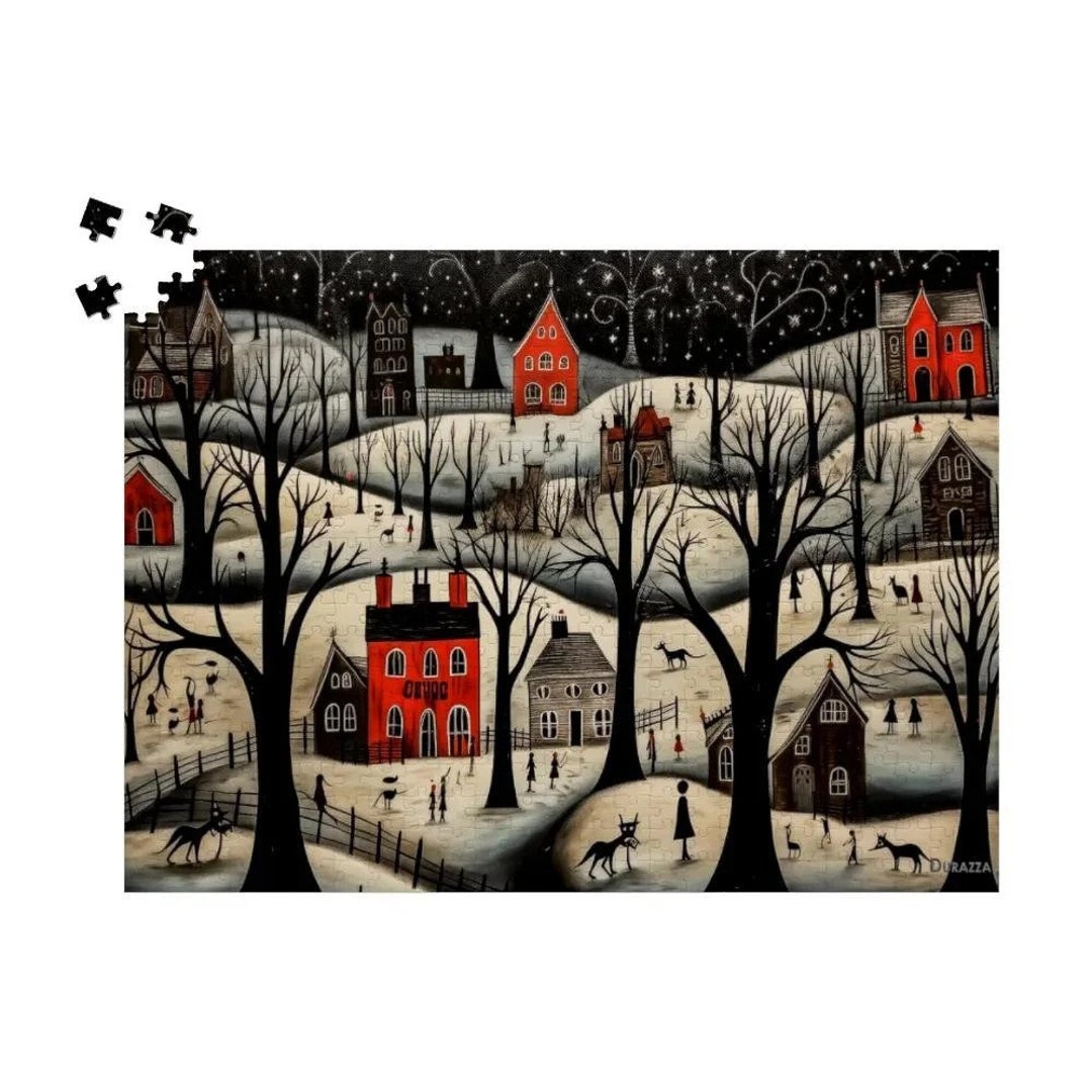 Mysterious Ambiance Contemporary Folk Art, Eerie Winter Scene Holiday ...