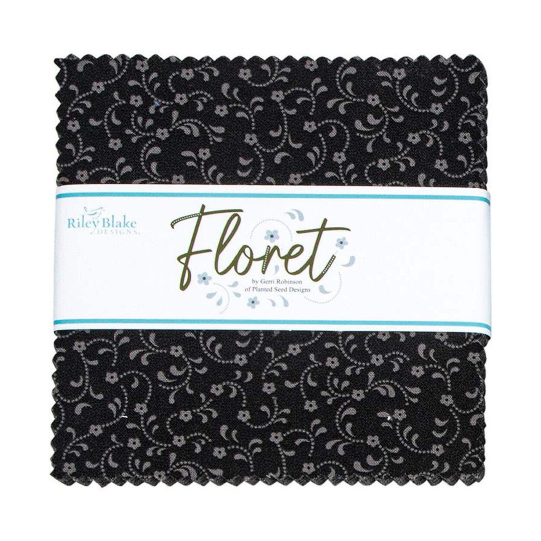 Floret 5 Square Pack charm Pack / 5 Stacker in Black by Gerri Robinson for Riley Blake 5-675 ...