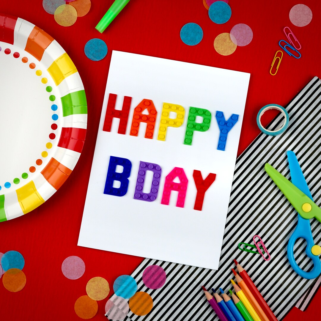HAPPY BDAY CARD Personalised Building Brick Fan Colourful Crayon Kids ...