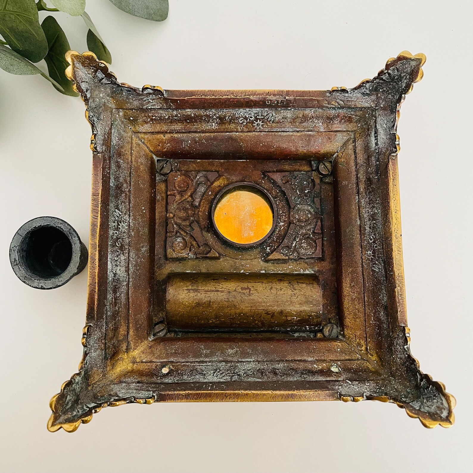 Antique 1890s Victorian Brass Desk Inkwell, William Tonks & Son, With ...