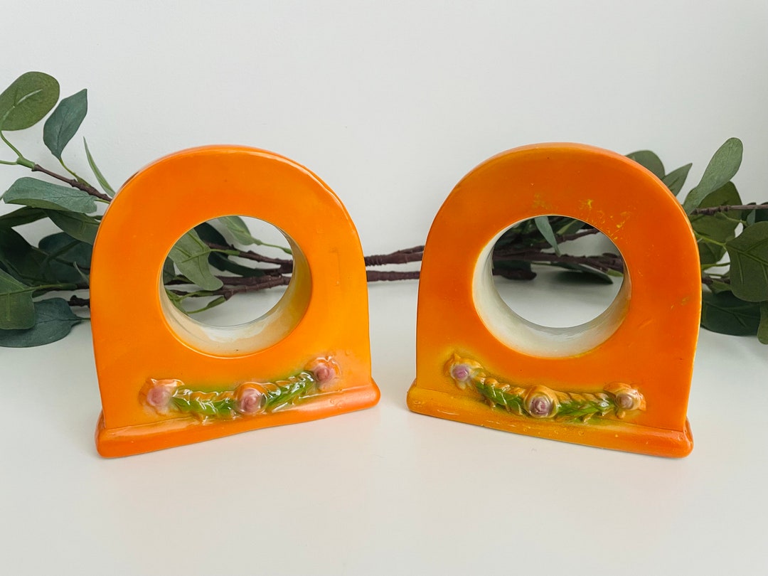 Pair of Vintage Bookends 1930s Art Deco, Bright Orange Ceramic ...